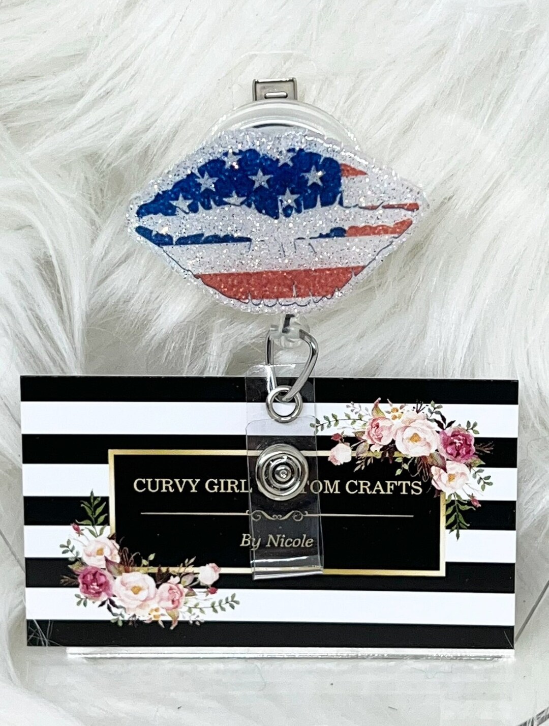 Patriotic Lips, American Flag Lips, Glitter Badge Reel, Retractable ...