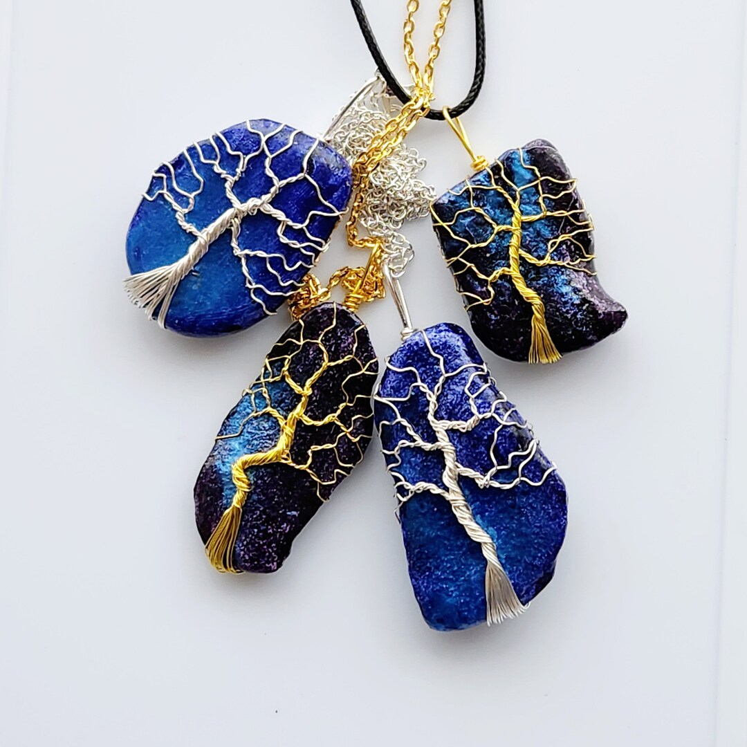 Cobalt Blue Tree of Life Stone Pendants, Yellow-gold or Silver Wire ...