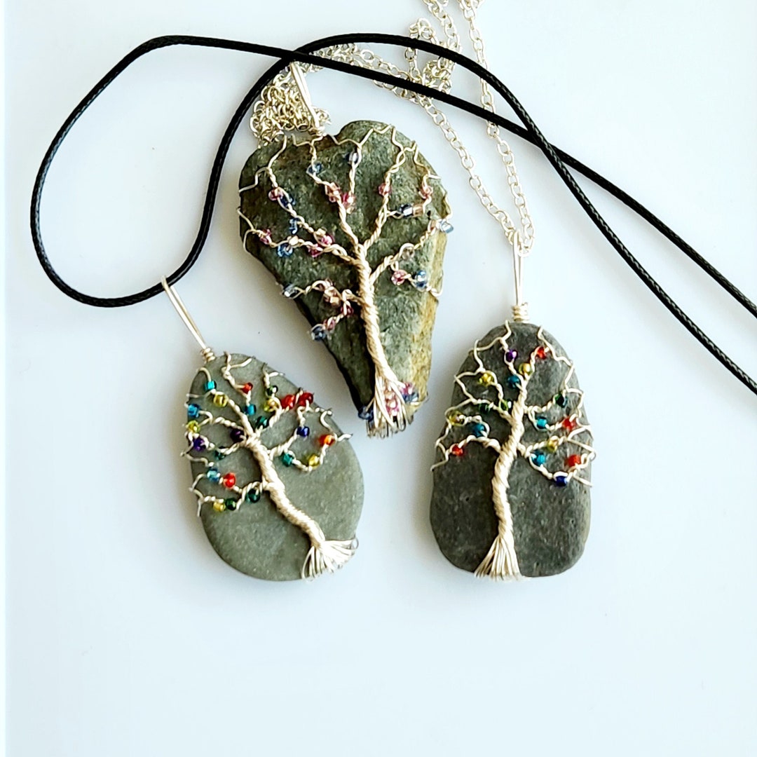 Silvery-gray Tree of Life Stone Pendants With Glass Seed Beads, Silver ...
