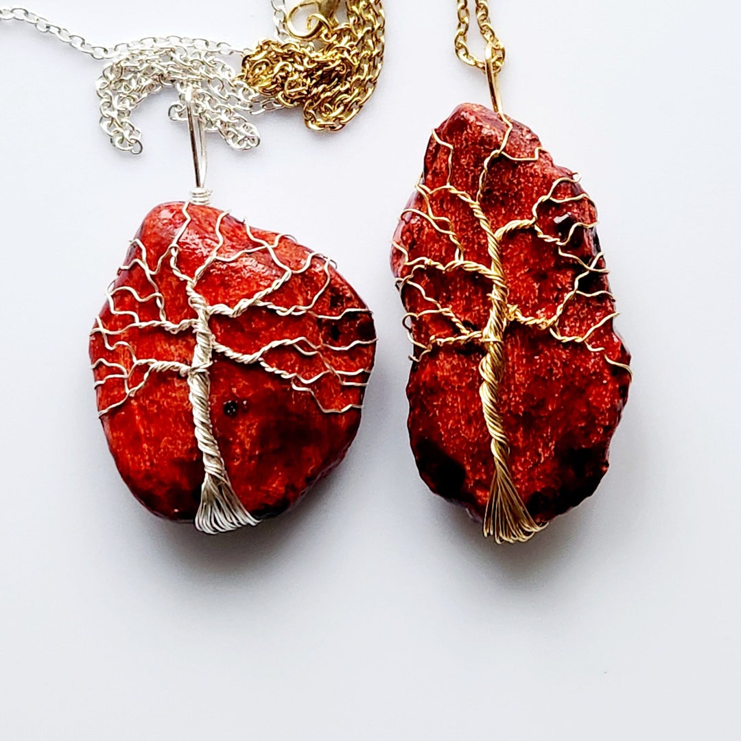 Chunky Crimson Red Tree of Life Stone Pendants, Gold or Silver Wire ...