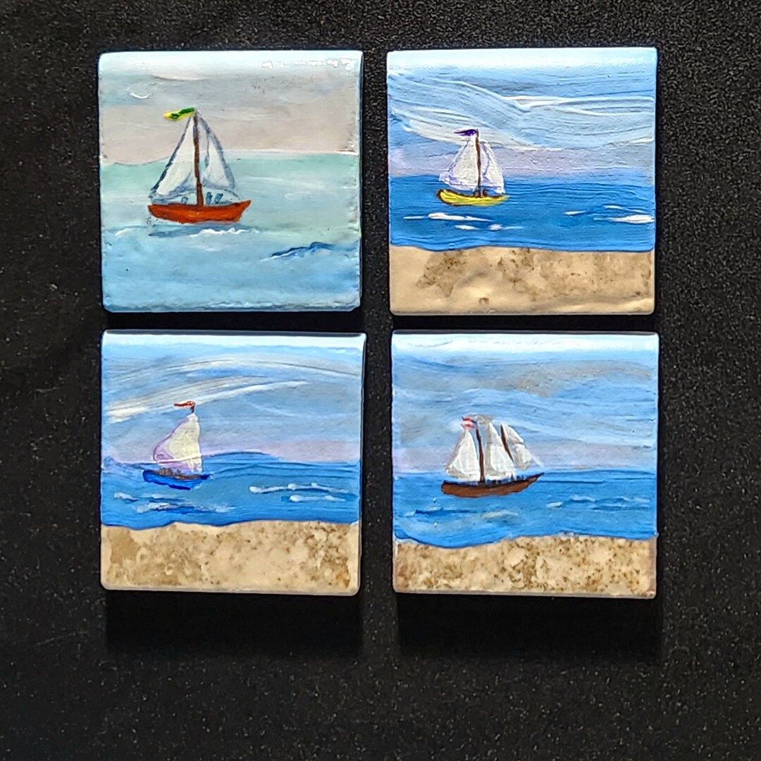 Hand Painted Sail Boat Magnets on Upcycled Tiles, Each is Hand Painted ...