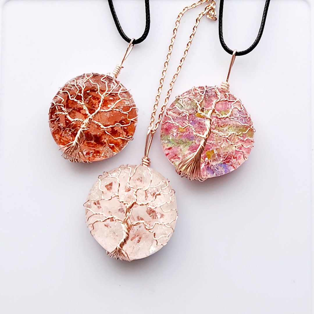 Pink Tree of Life Glass Pendants, Rose Gold Wire Wrapped, Crackled Gems ...