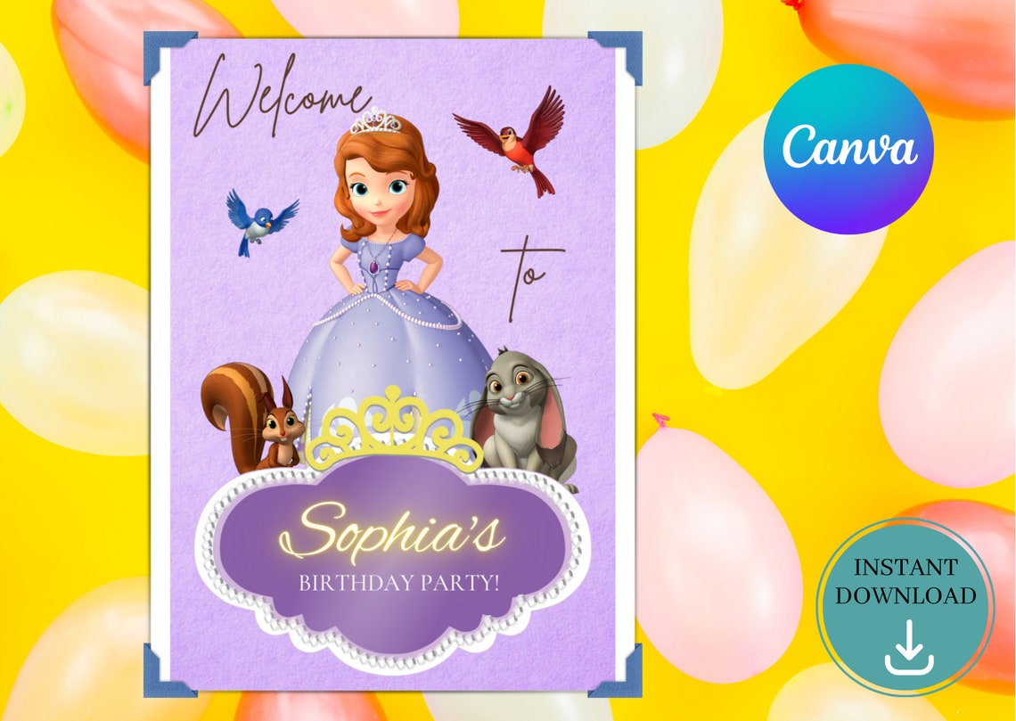 Sofia the First Welcome Sign Editable in Canva Princess Birthday Party Decor Customizable ...