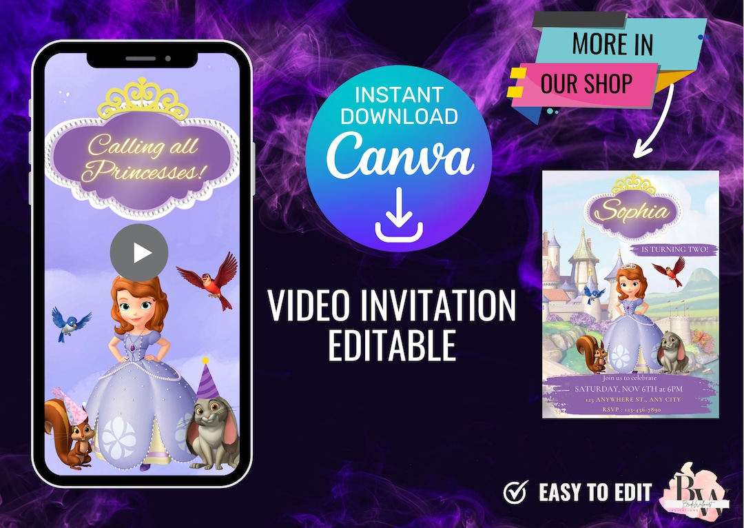 Princess Sofia Birthday Video Invitation: Editable Canva Template ...