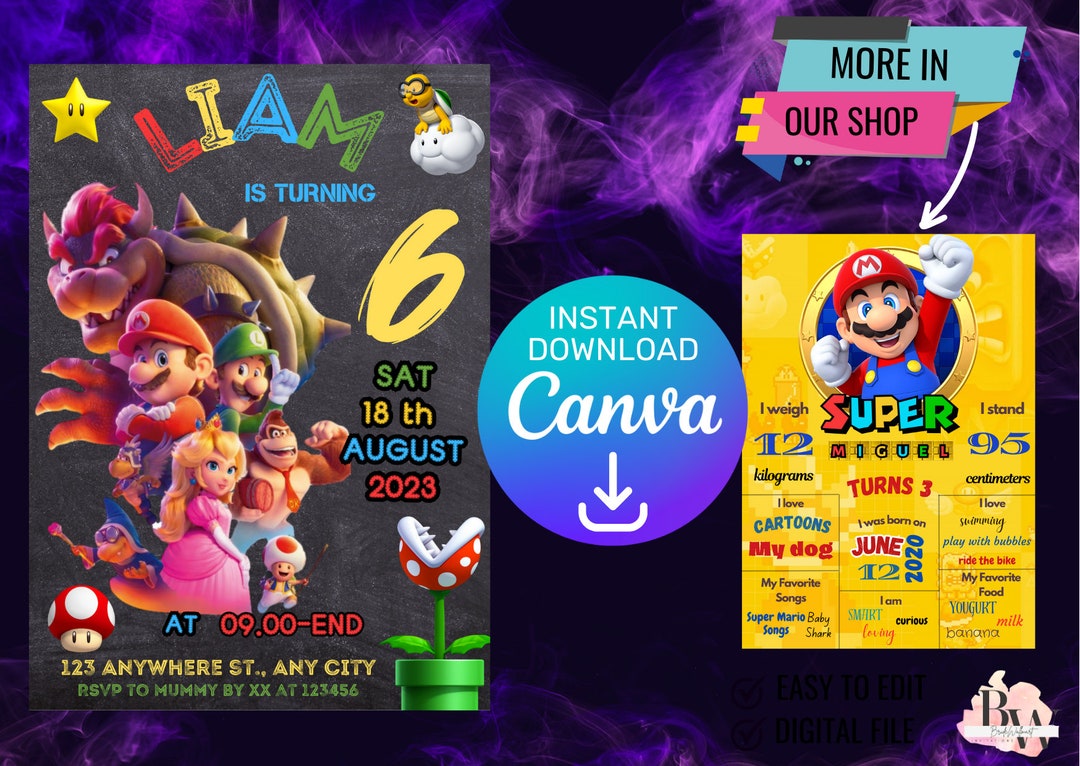 Super Mario Invitation Template - Editable in Canva - Personalized ...