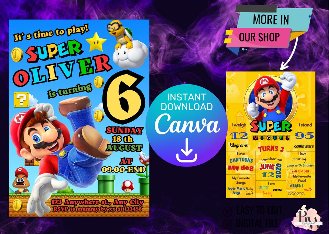 Super Mario Birthday Invitation: Editable, Personalized and Printable ...