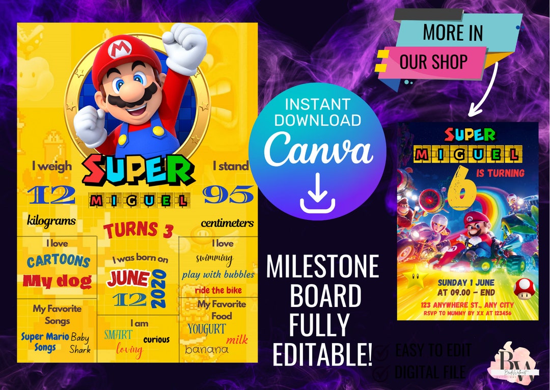 Super Mario Milestone Board Template: Editable and Personalized Digital ...