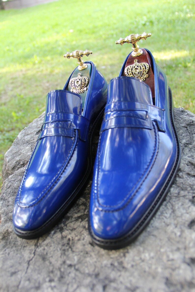 Men Penny Loafer Shoes Men Wing Tip Shoes Blue Leather - Etsy