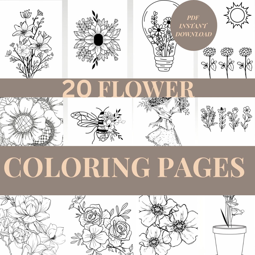 Flower Coloring Pages for Adults and Teens, 20 Pages, Instant Printable ...