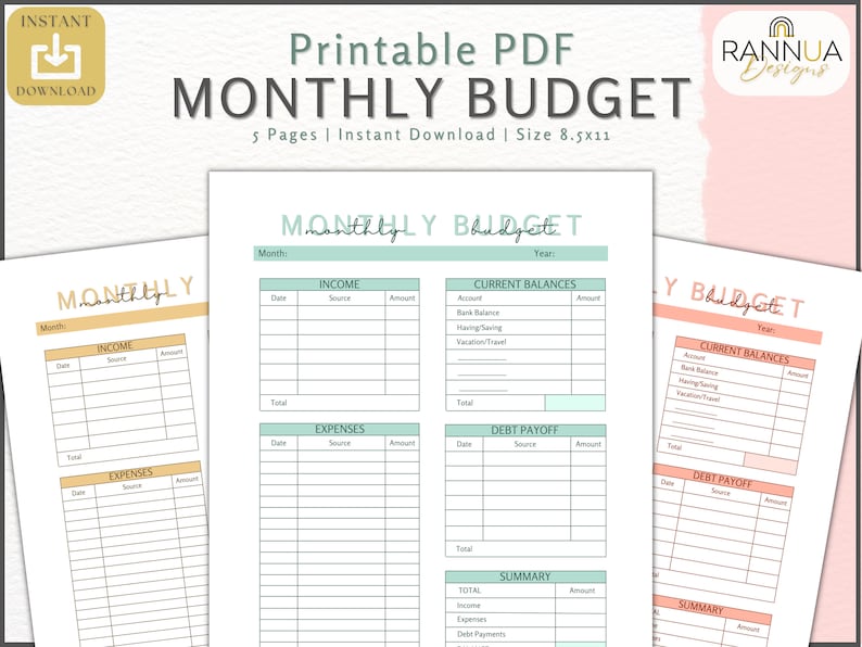 Monthly Budget Printable | Income & Expenses Balance Sheet | Instant ...