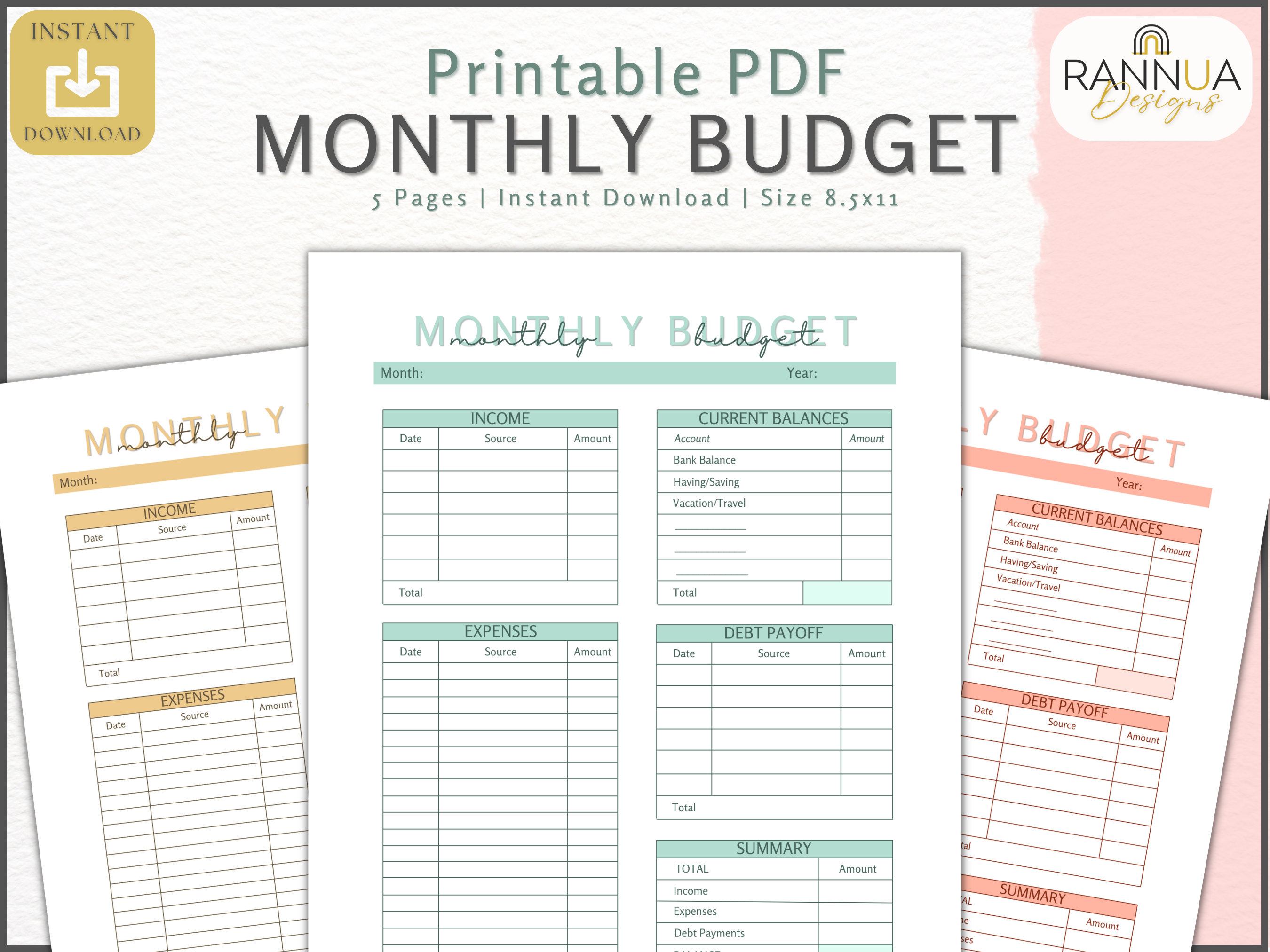 Monthly Budget Printable Income & Expenses Balance Sheet Instant ...