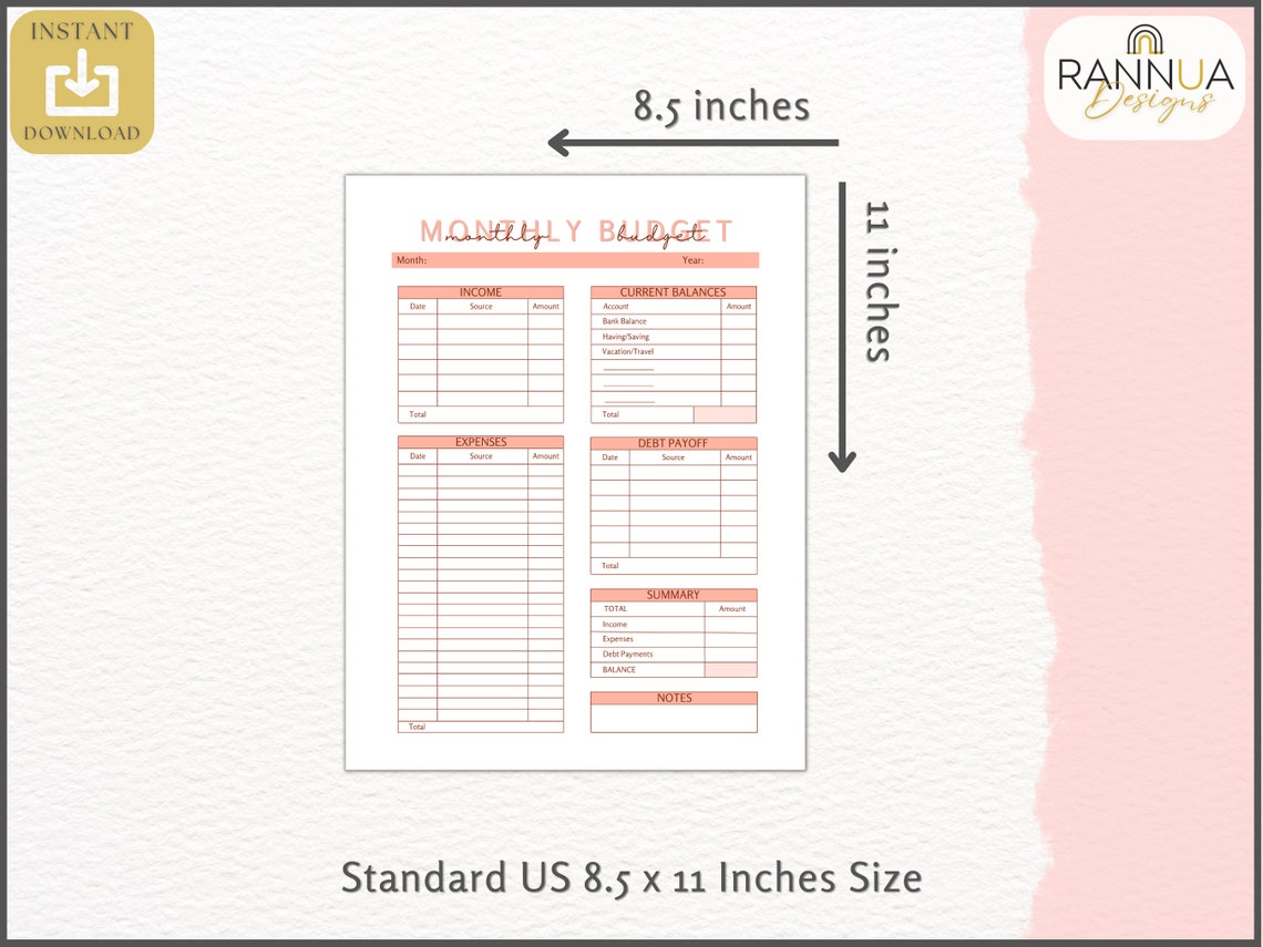 Monthly Budget Printable Income & Expenses Balance Sheet - Etsy