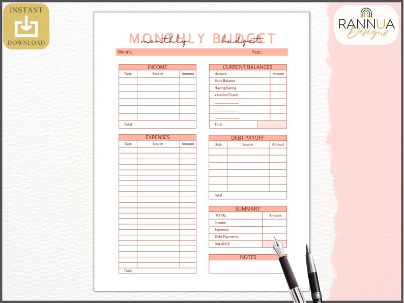 Monthly Budget Printable Income & Expenses Balance Sheet - Etsy