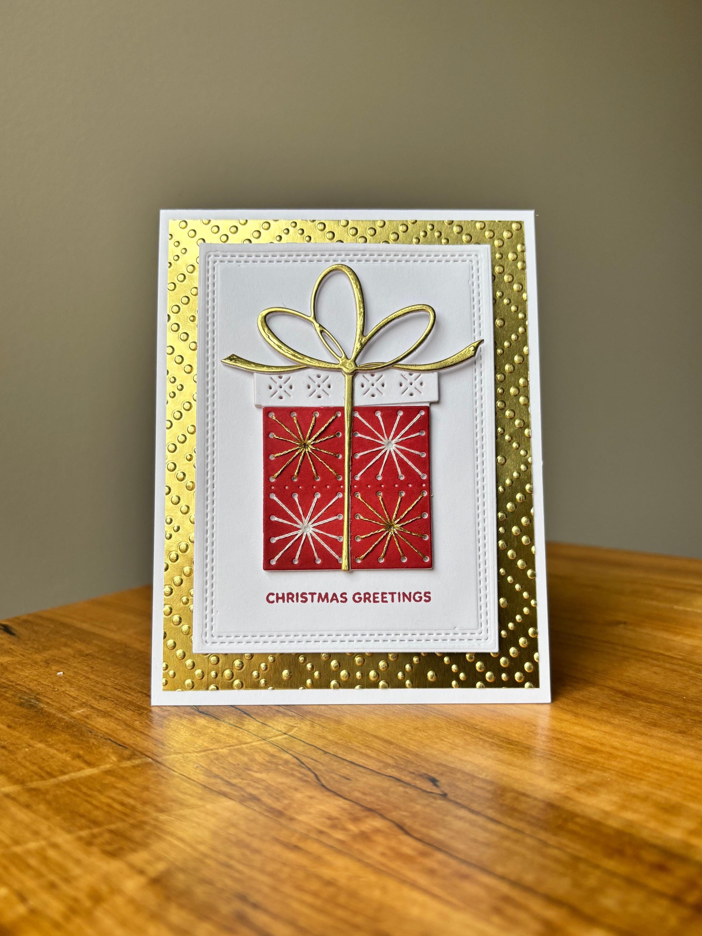Christmas Greetings Card Embroidered Present & Bow Elegant Holiday Card ...