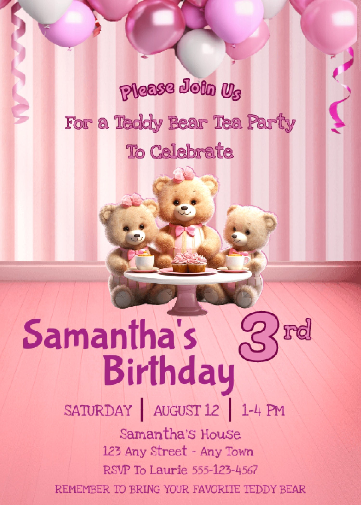 Teddy Bear Tea Party Birthday Invitation, Little Girl Tea Party, Little ...