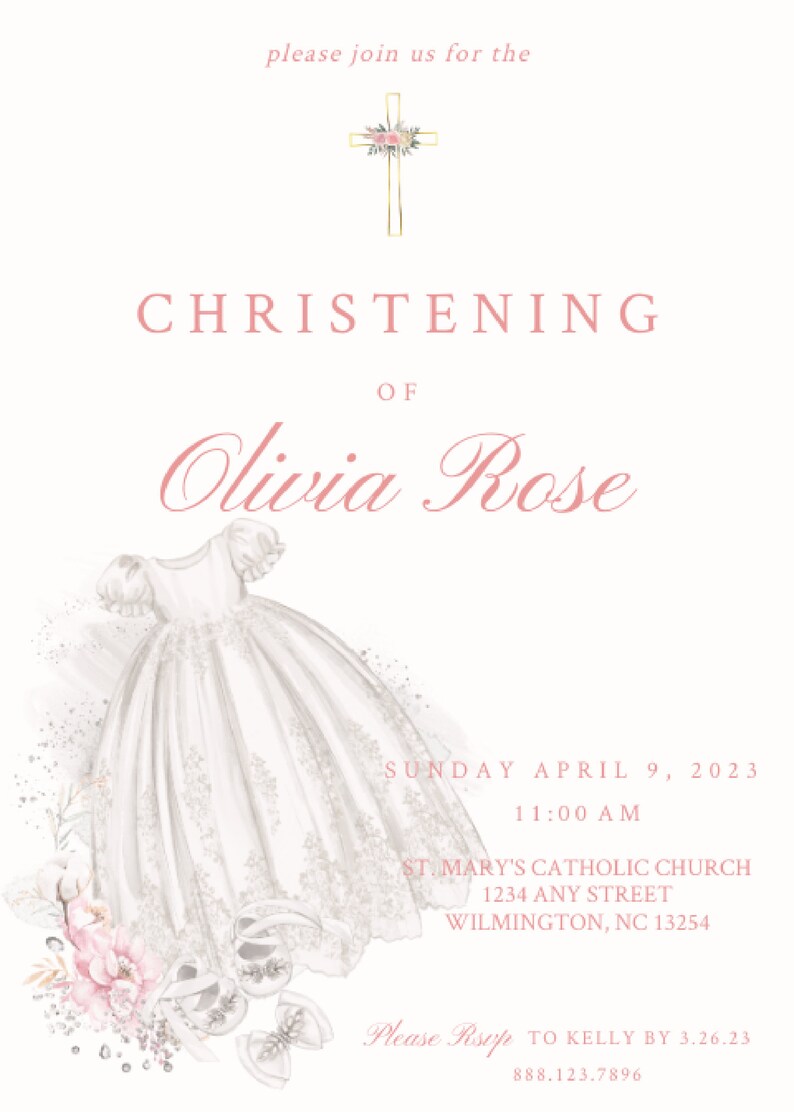 Baby Girl Christening Invitation Blush Pink Flowers Princess Gown ...
