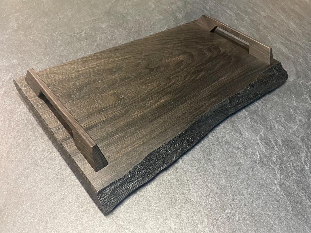 Serving Board With Live Edge Made From Bog Oak With Handles Brass Legs ...