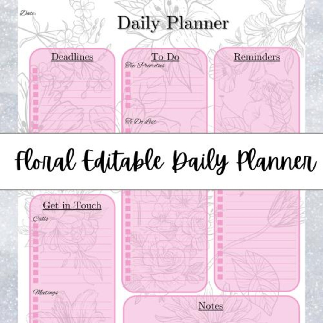 Pink Floral Editable Daily Planner | to Do List | Reminder | Printable ...