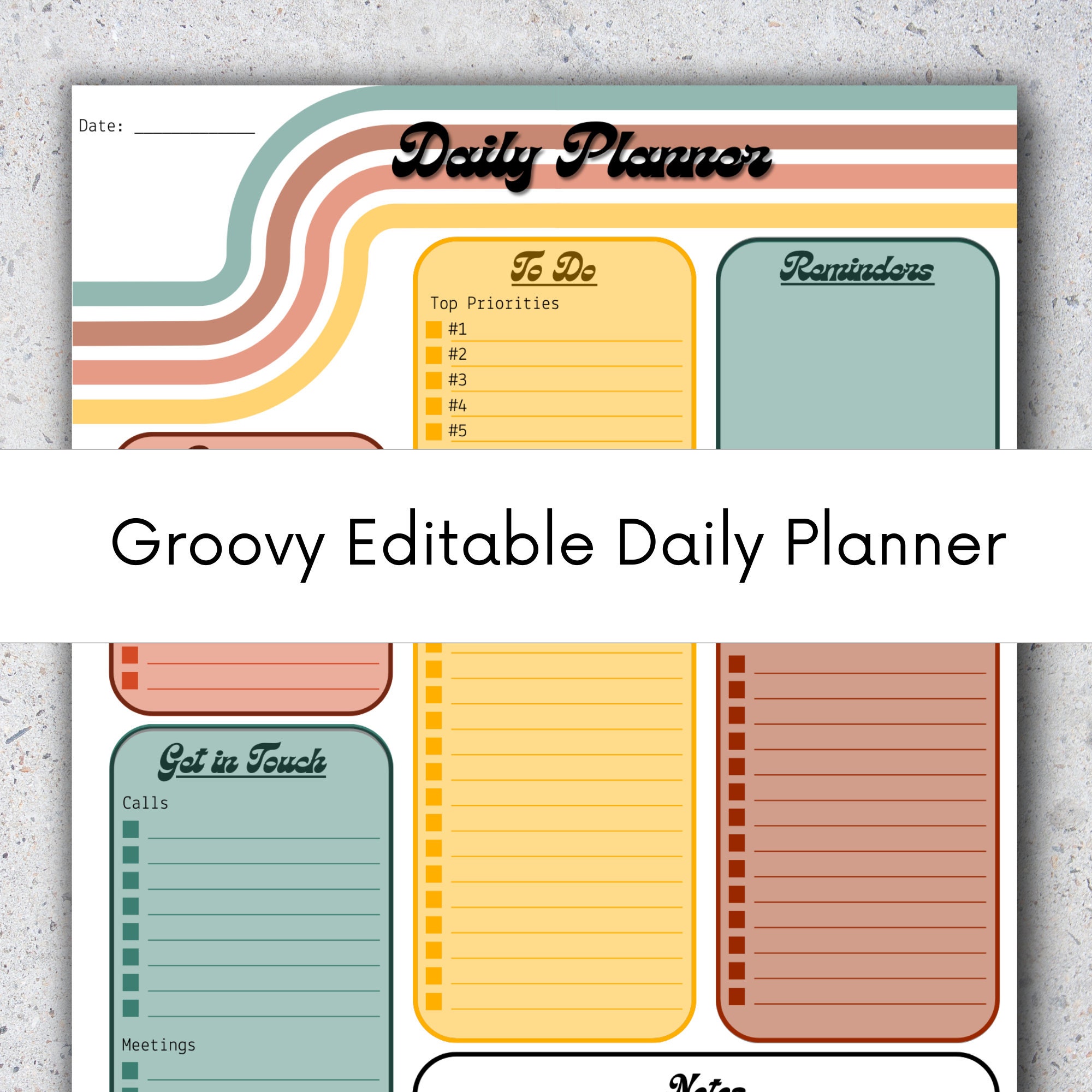 Groovy Editable Daily Planner to Do List Reminder Printable Planner PDF ...