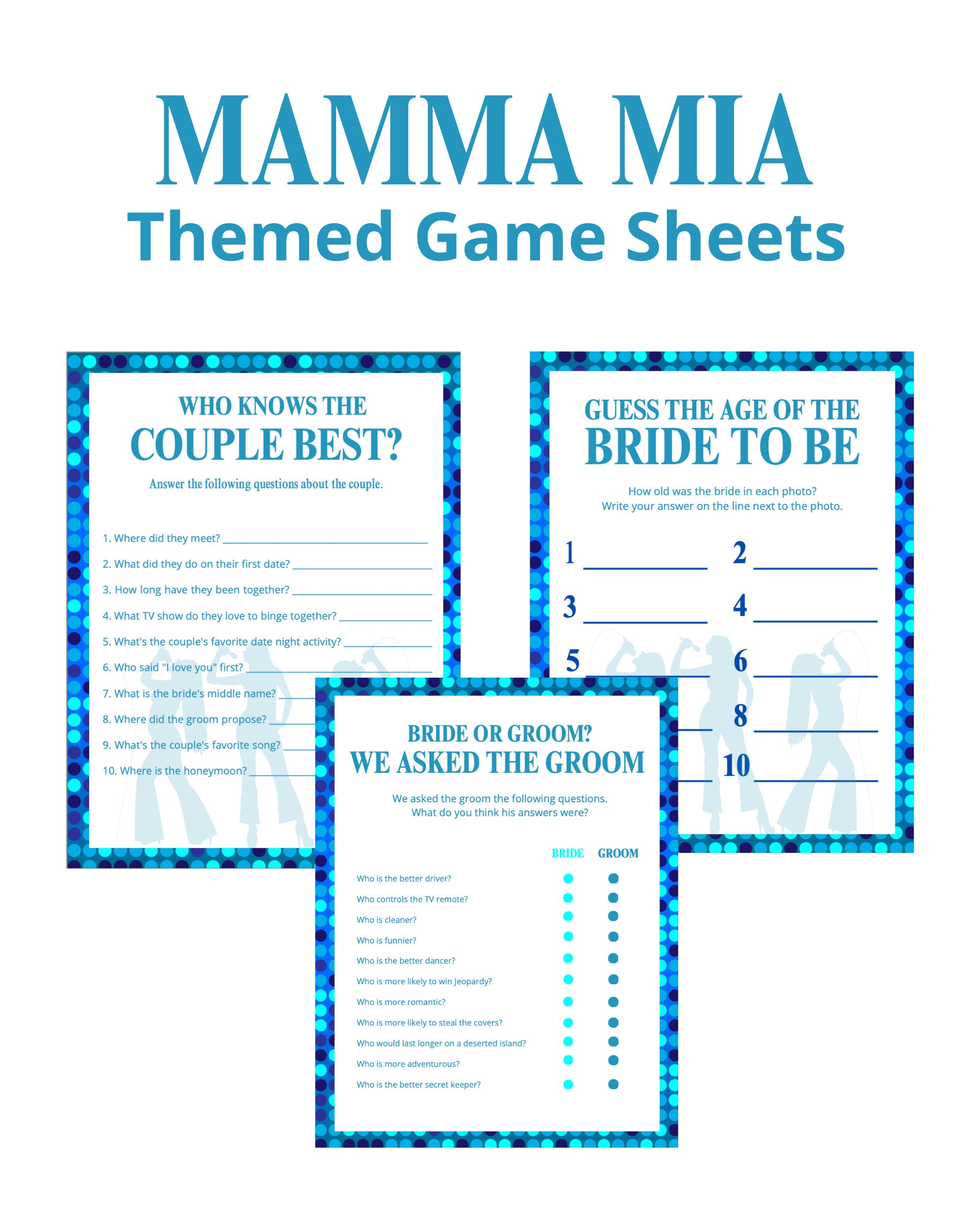 Bridal Shower Game Sheets for Mamma Mia Themed Bridal Shower or ...