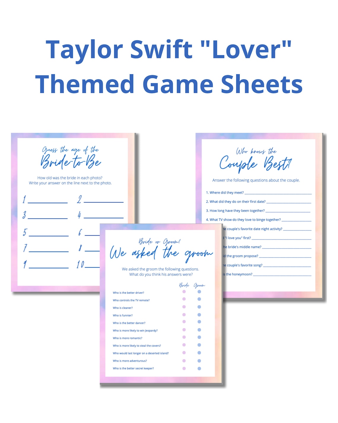 Taylor Swift lover Themed Bridal Shower Party Game Sheets Three Fun ...