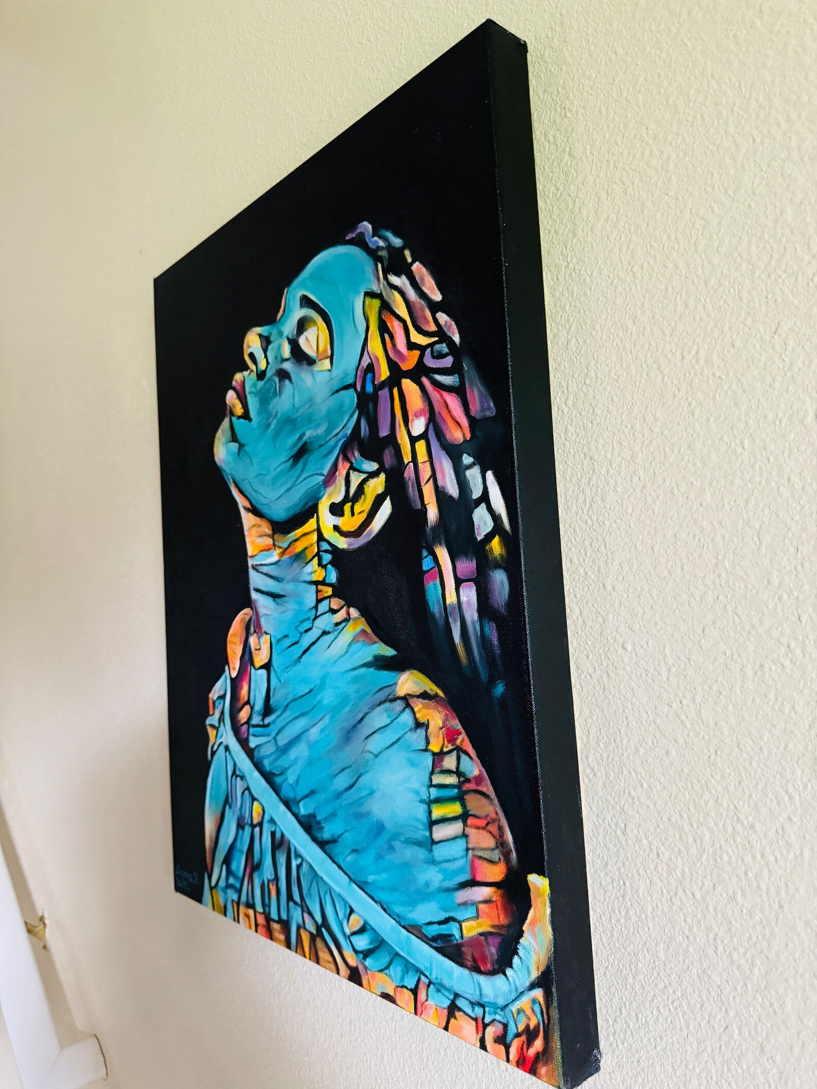 Turquoise Girl: Vibrant Portrait on Black Background - Unique 16x24 Oil ...