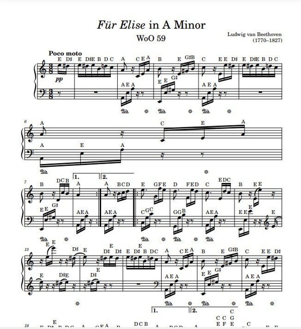 Fur Elise in A Minor - Beethoven - Note Names - Piano Sheet Music - Etsy