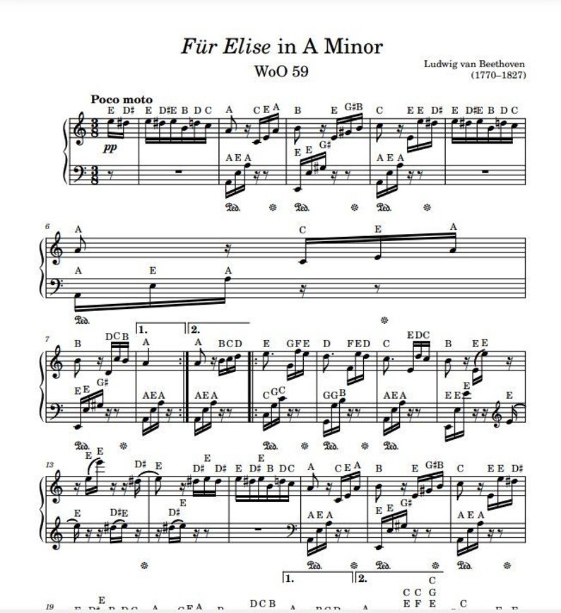 Fur Elise in A Minor - Beethoven - Note Names - Piano Sheet Music - Etsy