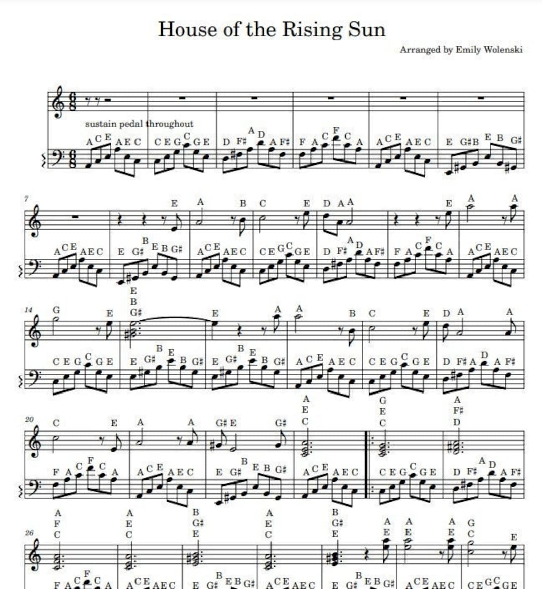 House of the Rising Sun - Note Names - Piano Sheet Music - Etsy