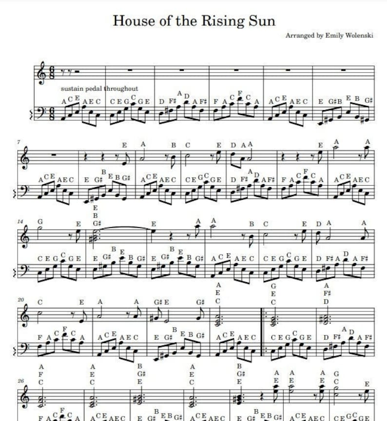 House of the Rising Sun - Note Names - Piano Sheet Music - Etsy