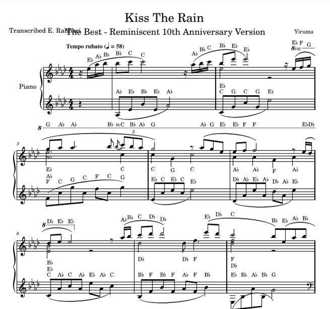 Kiss the Rain - Yiruma - Note Names - Piano Sheet Music - Etsy