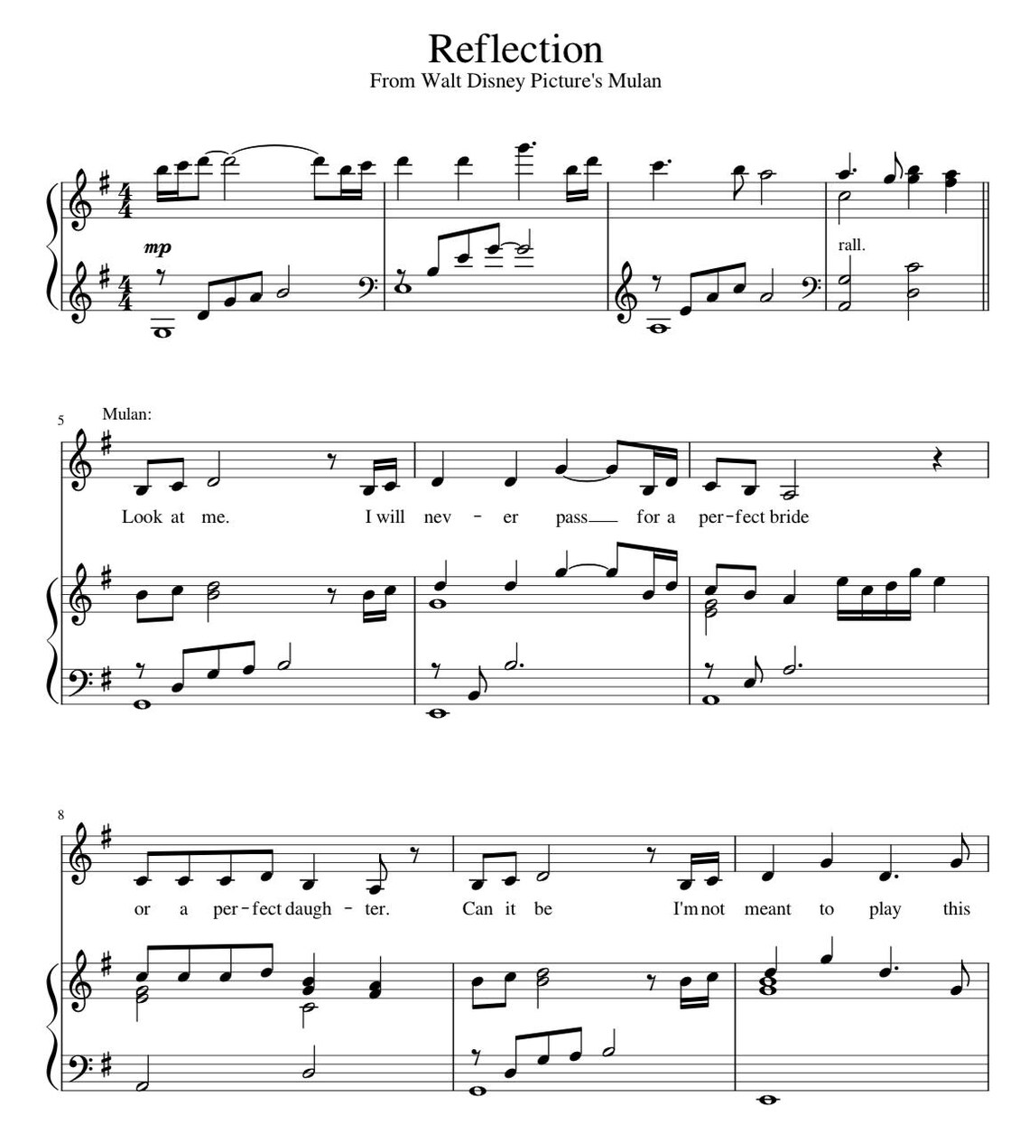 Reflection - From the Film Mulan - Piano Sheet Music - Etsy