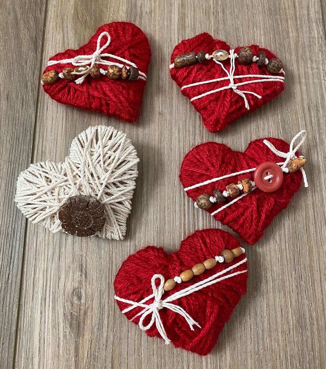 Set of 5 Yarn Rustic Yarn Wrapped Hearts, Tiered Tray Decor, Yarn Heart ...