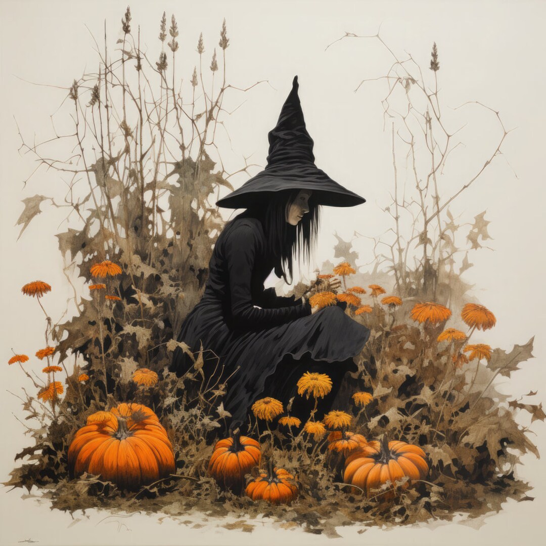 Halloween Solemn Witch Botanical Collection Printable Wall - Etsy