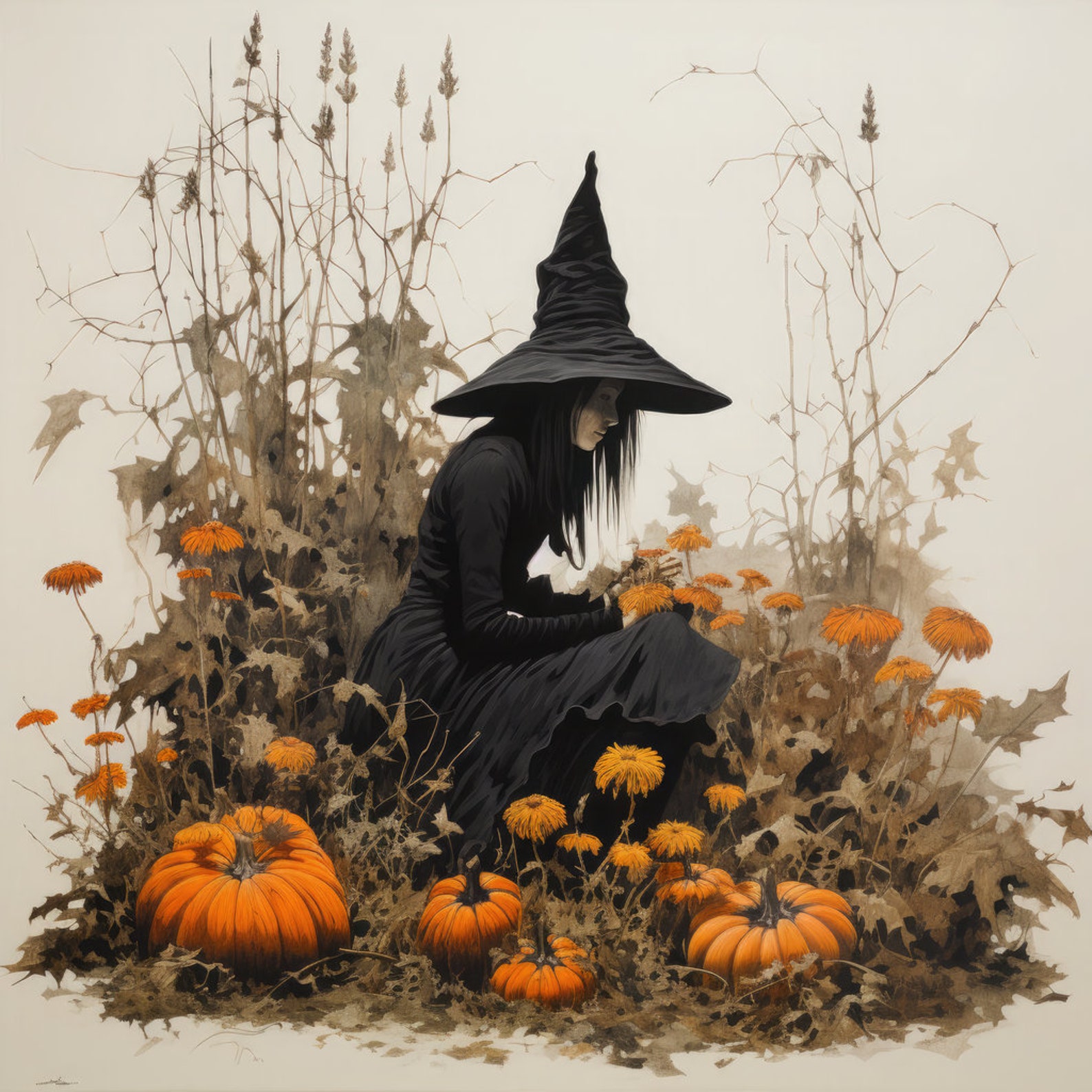 Halloween Solemn Witch Botanical Collection Printable Wall - Etsy