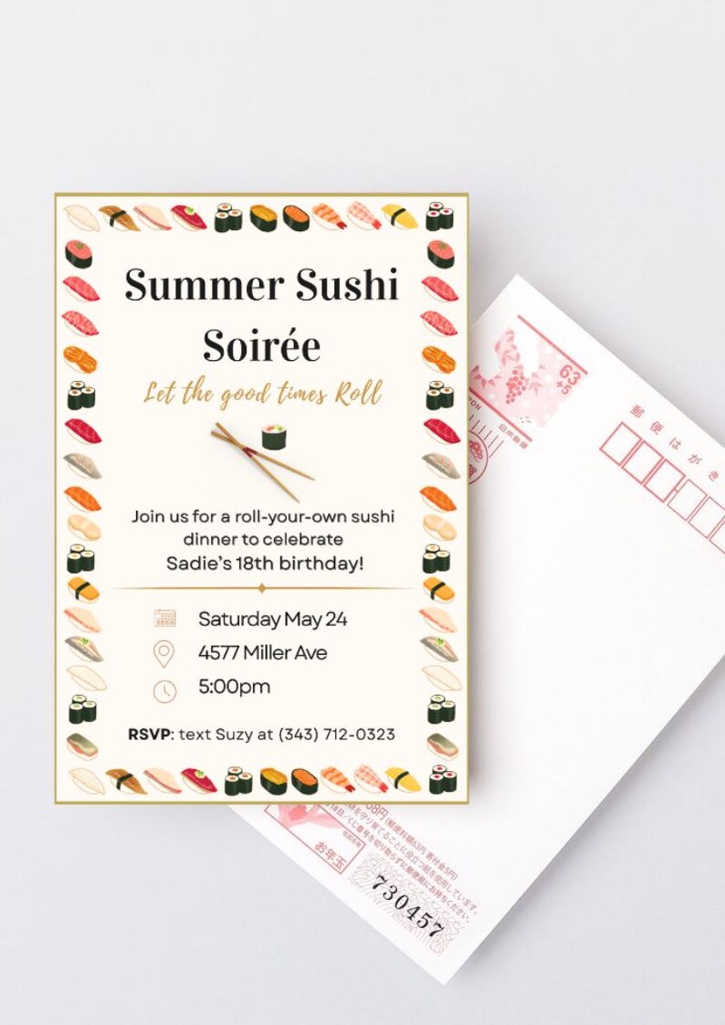 Editable Sushi Party Invitation • Roll Your Own Sushi Birthday • Summer ...