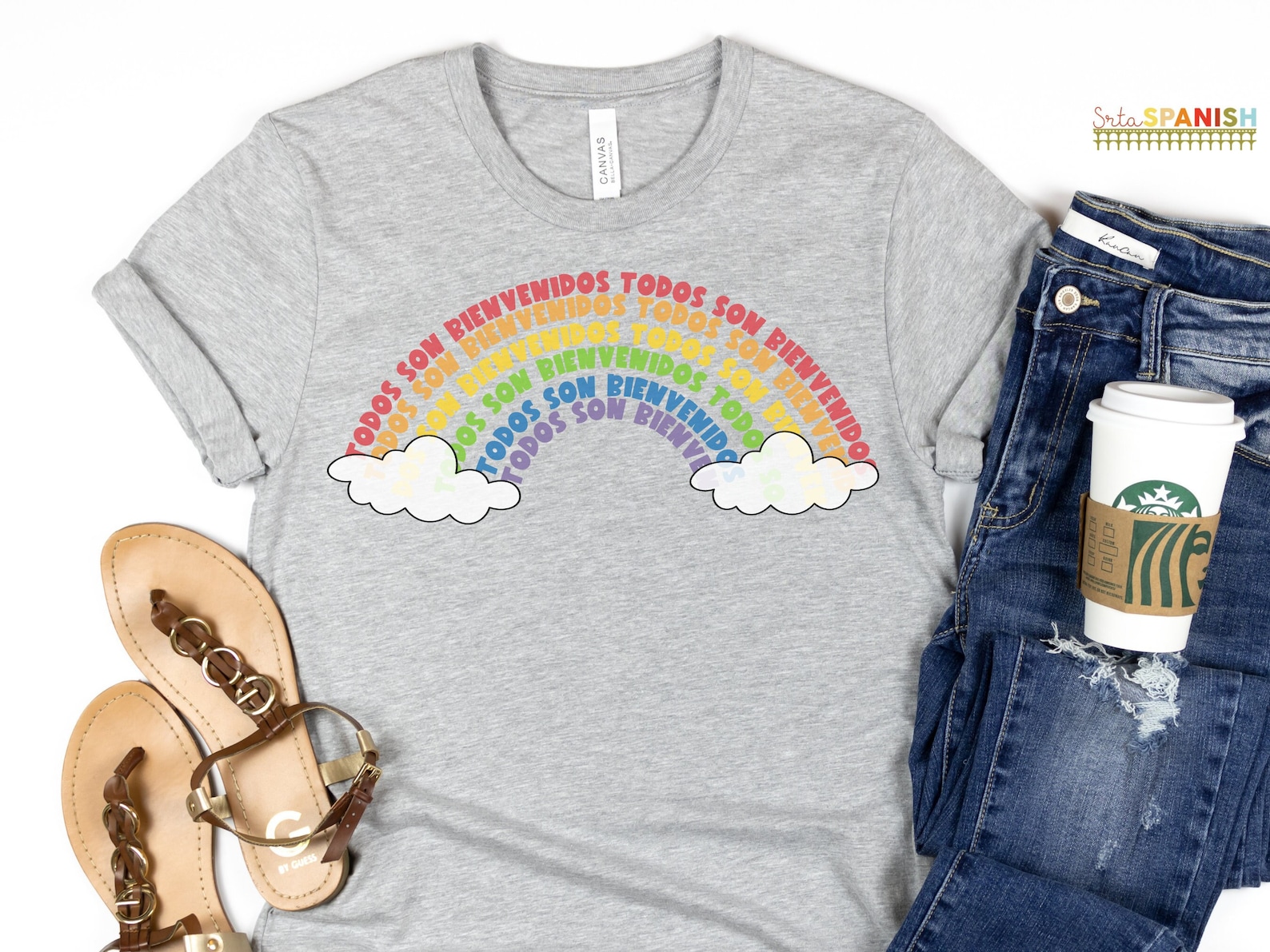 Todos Son Bienvenidos Rainbow Tee Spanish Teacher Shirt Bilingual ...