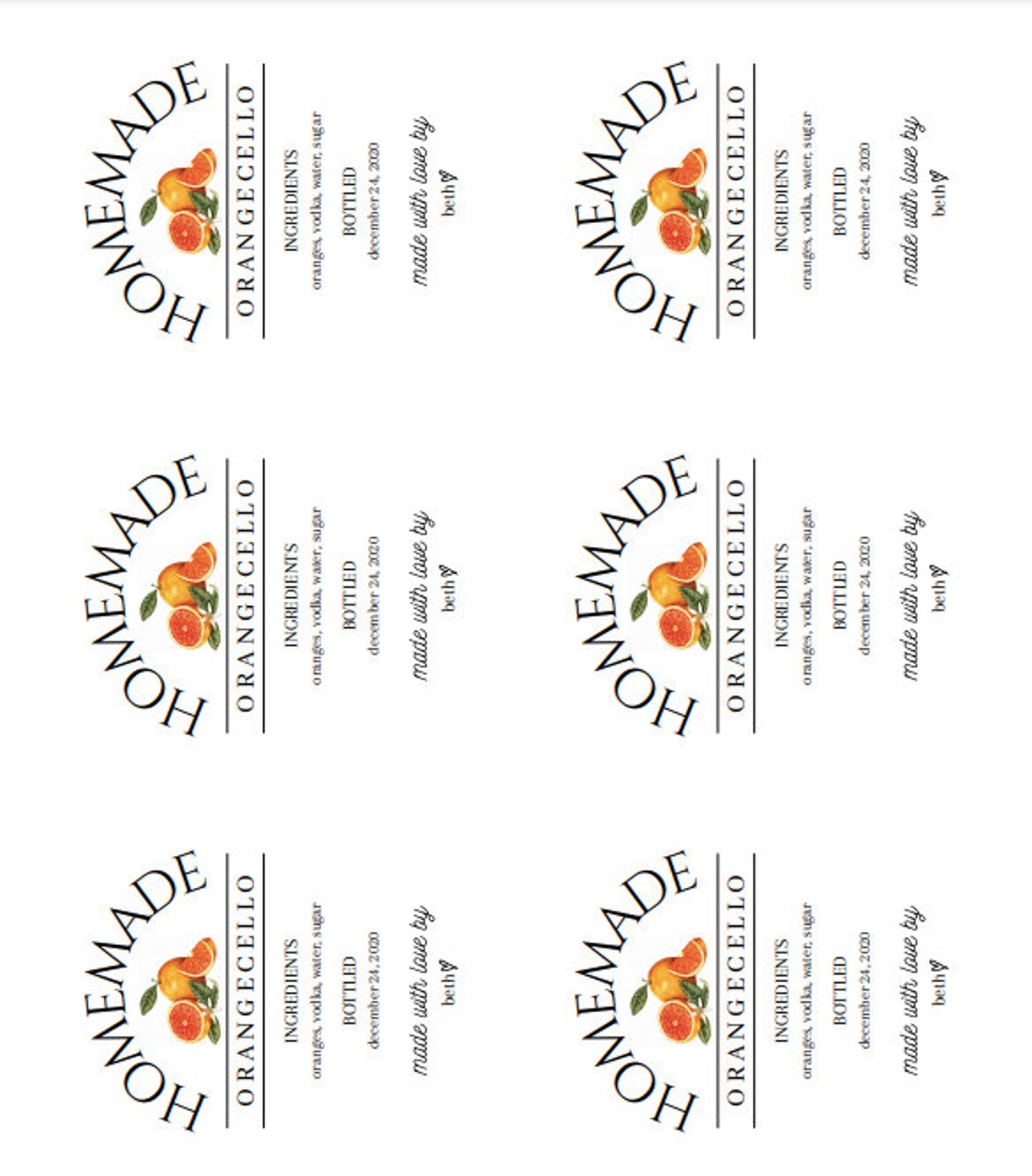 Custom Homemade Orangecello Labels, Gift Tags, Personalized Gifts ...