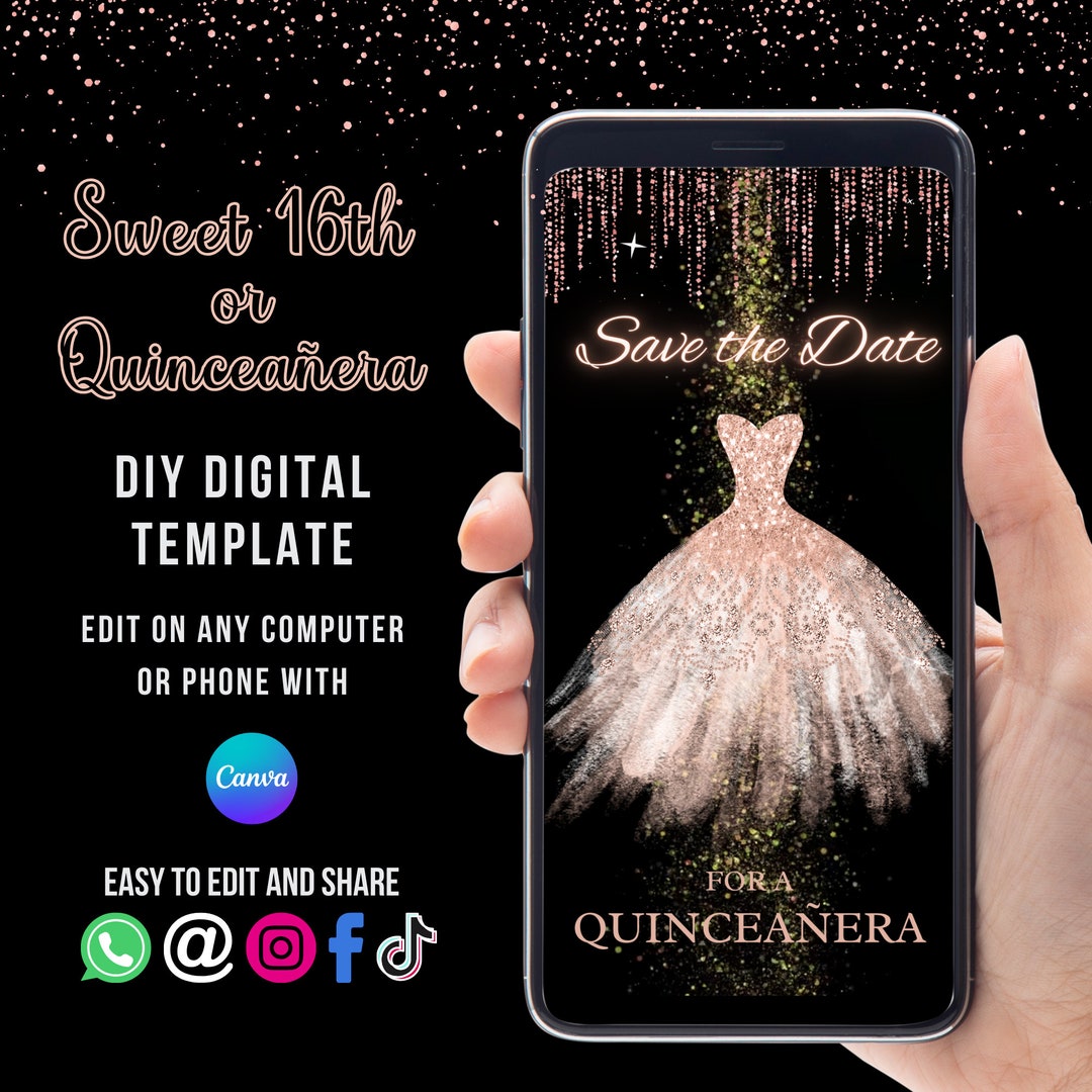 Rose Gold Save the Date Sweet 16, Quinceañera Invitation, Prom Editable ...