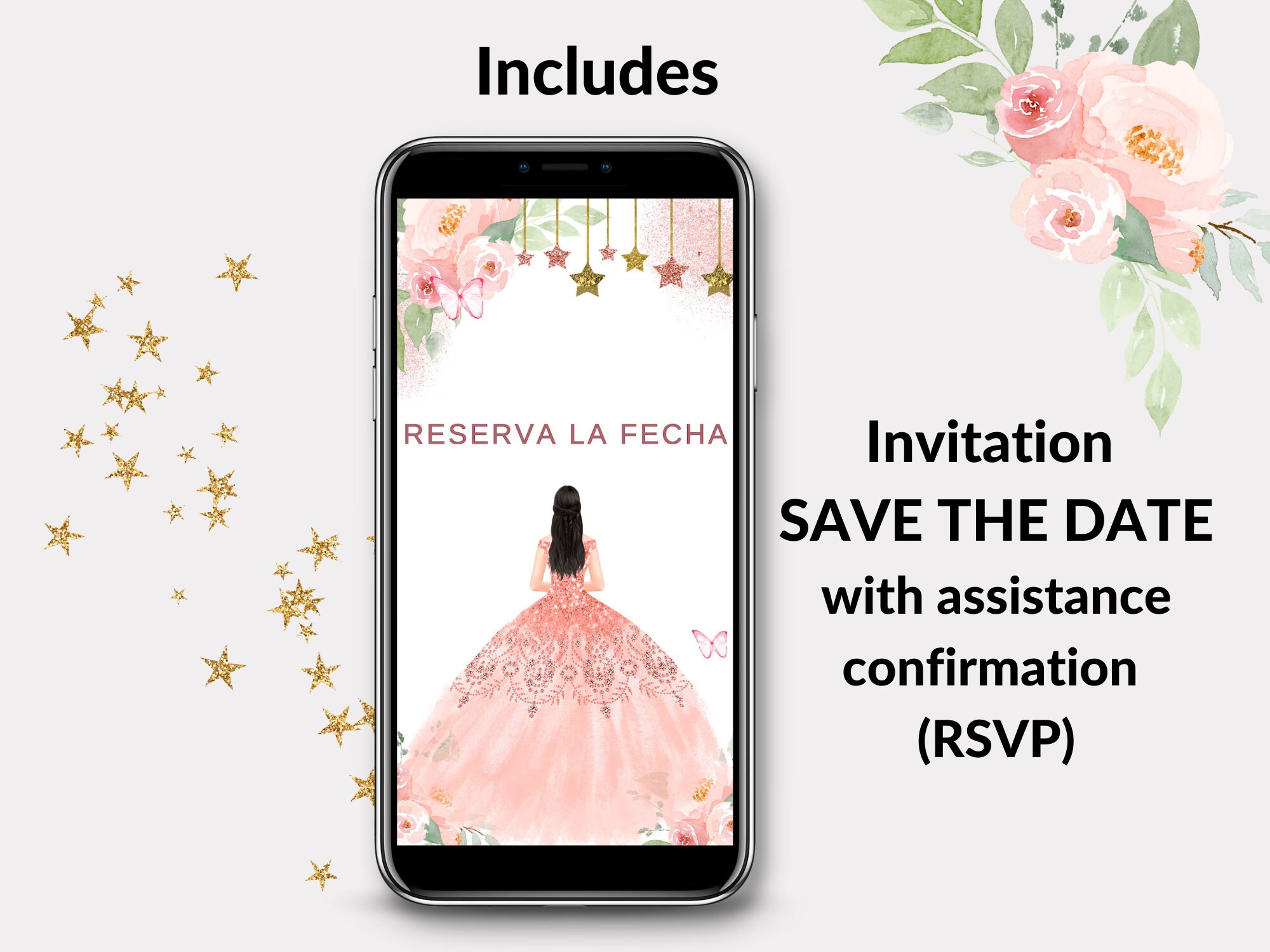 Rose Gold Floral Quinceanera Invitations in Spanish or English ...