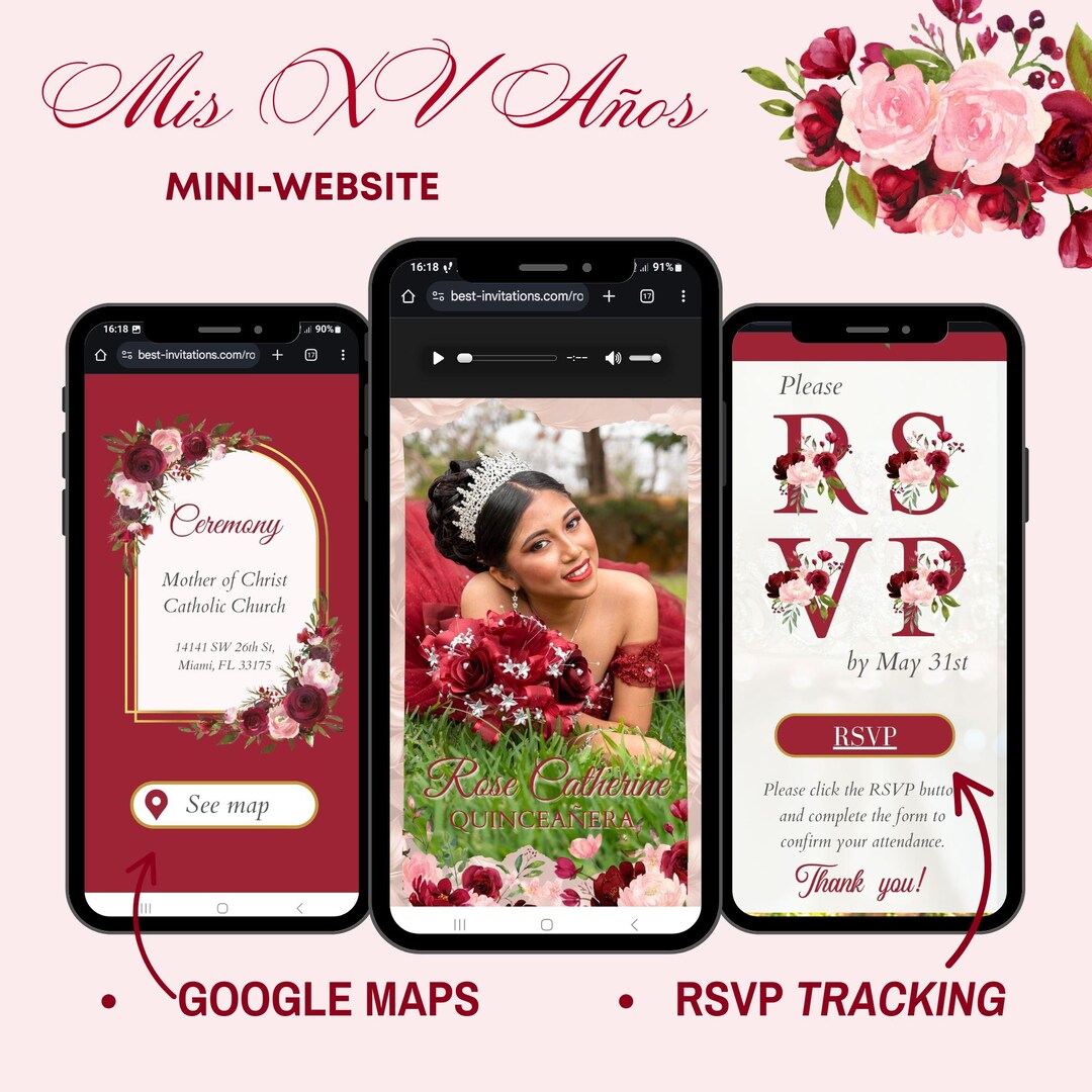 Red Quinceanera Invitation & Rsvp Tracking, Floral Quinceañera Video ...