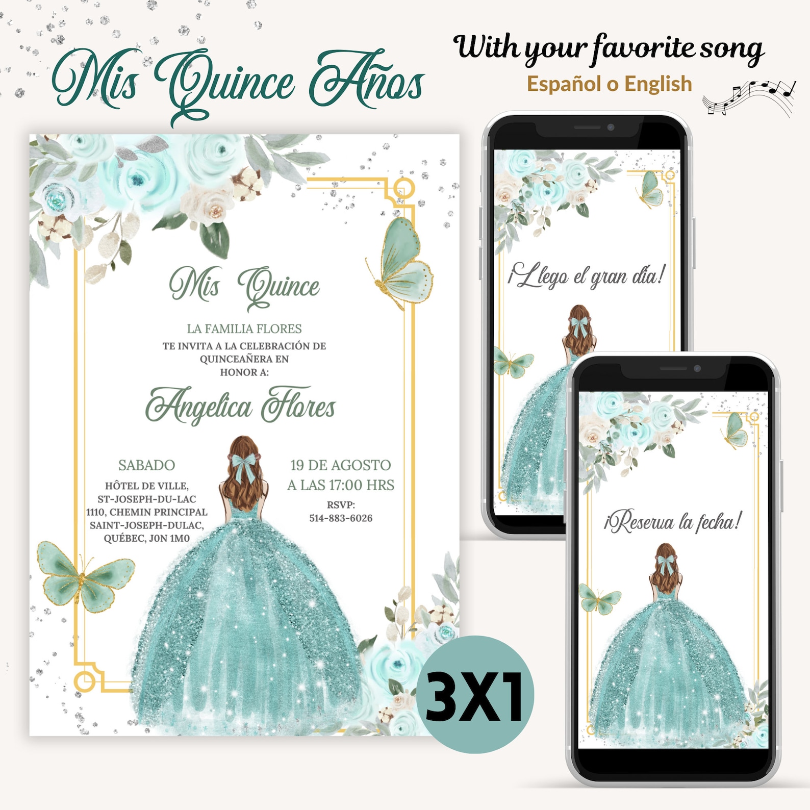 Aqua Quinceanera Invitation Floral Butterfly Theme, Quinceanera Spanish ...