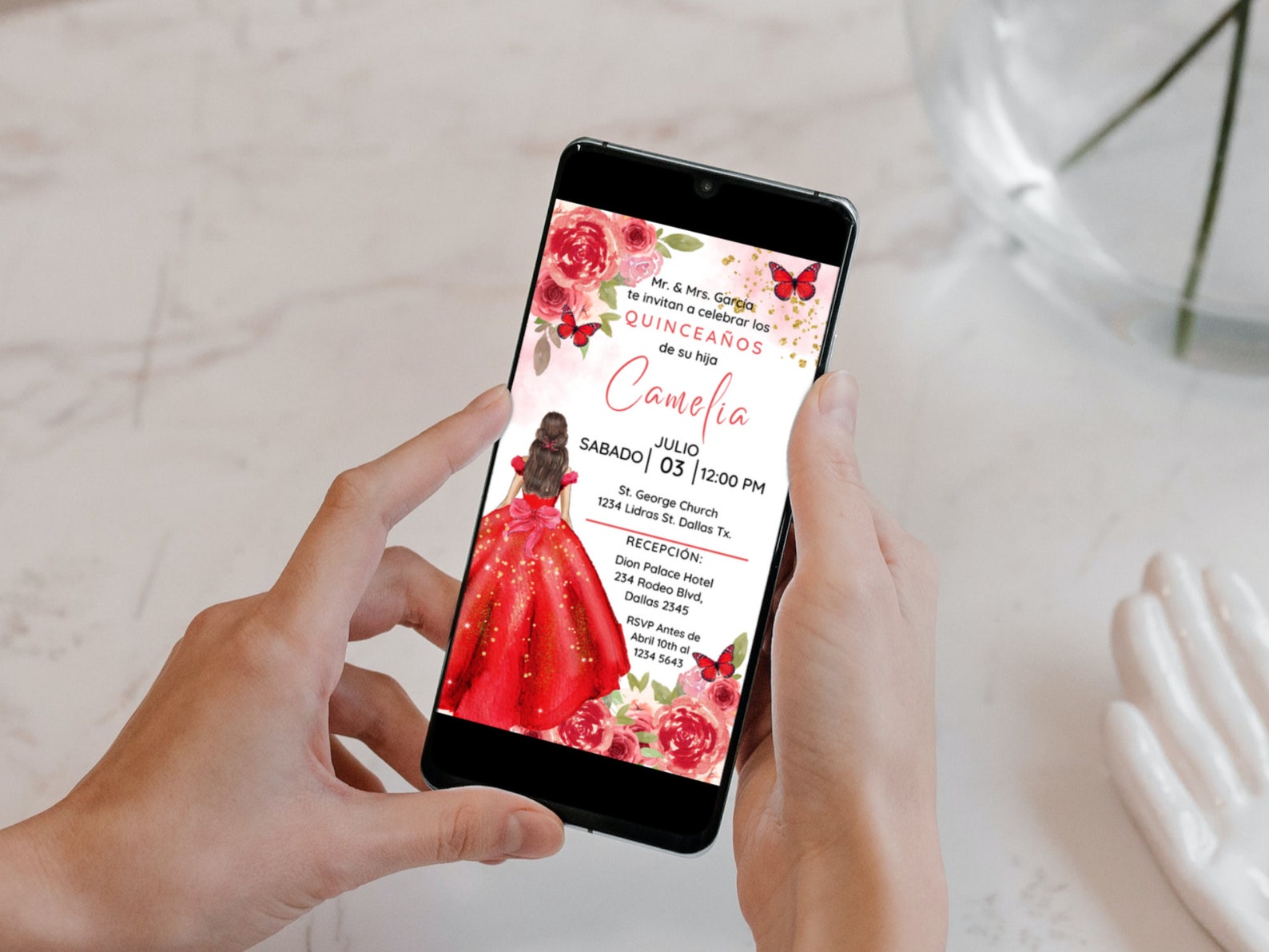 Red Gold Floral Quinceañera Invitation, EDITABLE TEMPLATE, Mis Quince ...