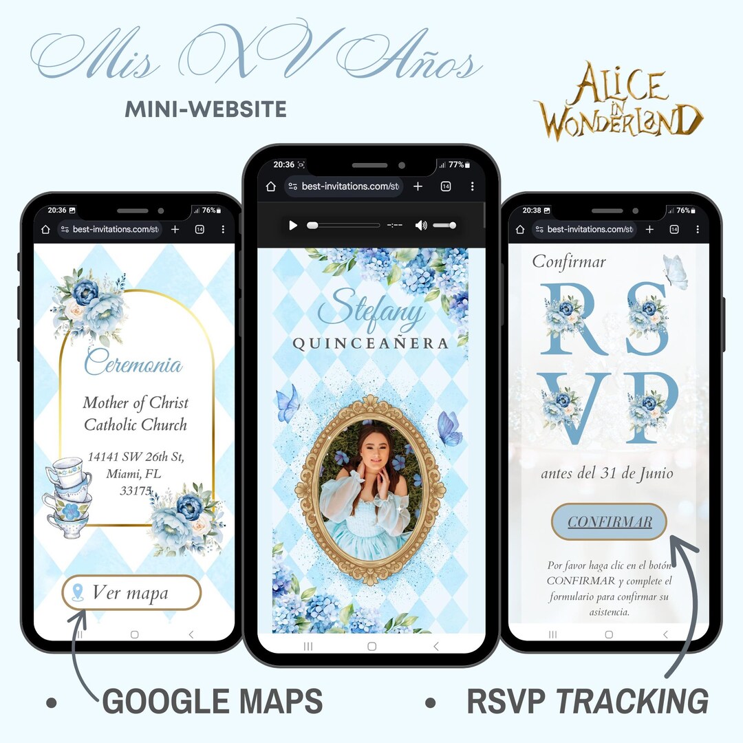 Quinceanera Alice in Wonderland Invitation Bluer, Pink & Rsvp Tracking ...