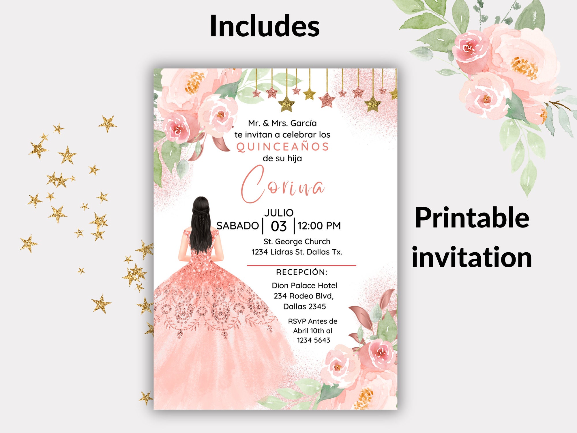 Rose Gold Floral Quinceanera Invitations in Spanish or English ...
