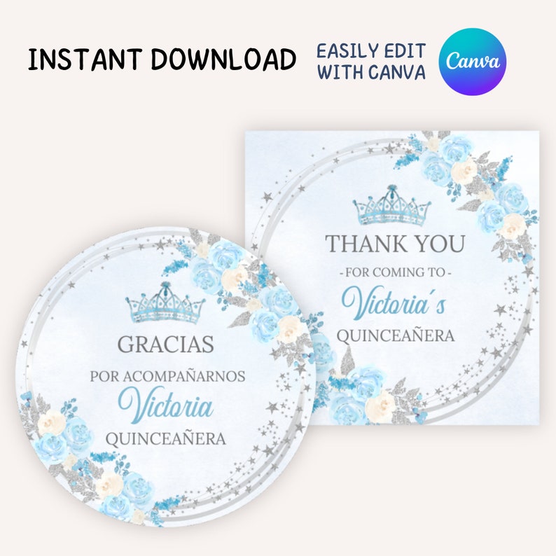 Baby Blue Floral Silver Quinceanera Thank You Gift Tag, Favor Tags ...
