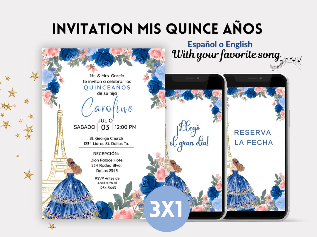 Paris Blue Floral Quinceañera Invitation, Personalized Quinceañera ...