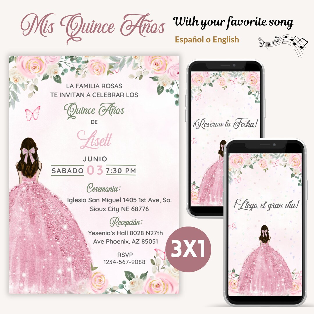 Blush Pink Floral Quinceanera Invitation, Pink Floral Quinceañera ...