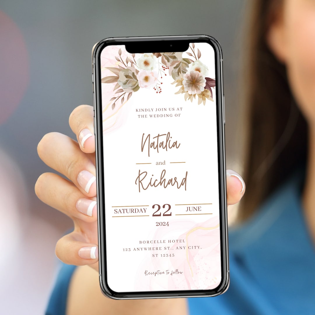 Modern Creamy Floral Digital Wedding Invitation, iPhone Evite, Editable ...