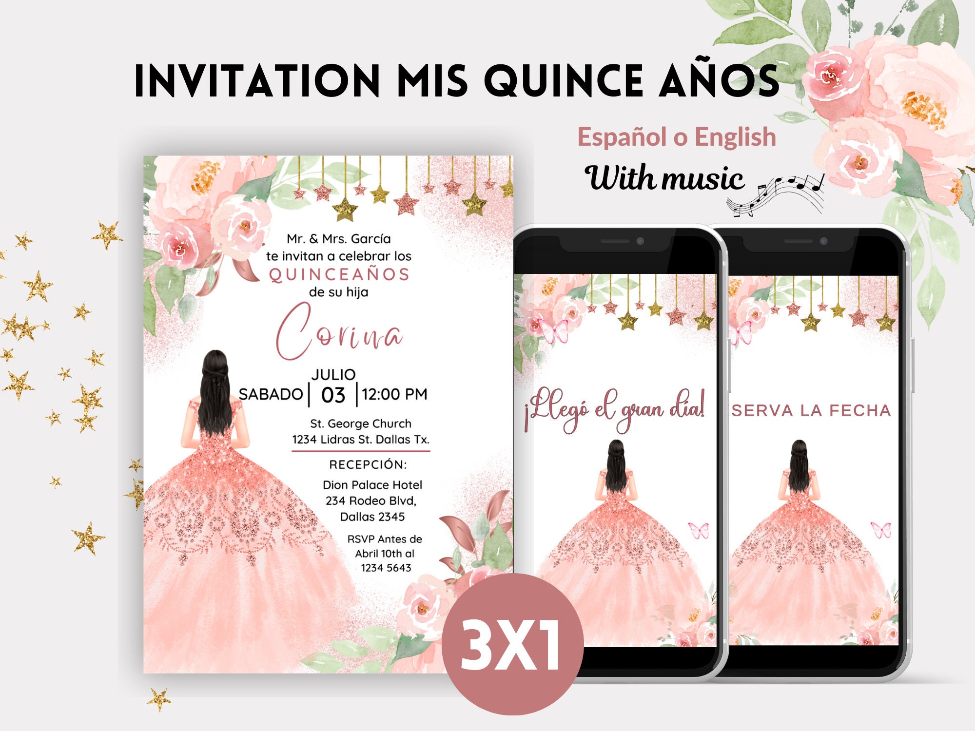 Rose Gold Floral Quinceanera Invitations in Spanish or English ...